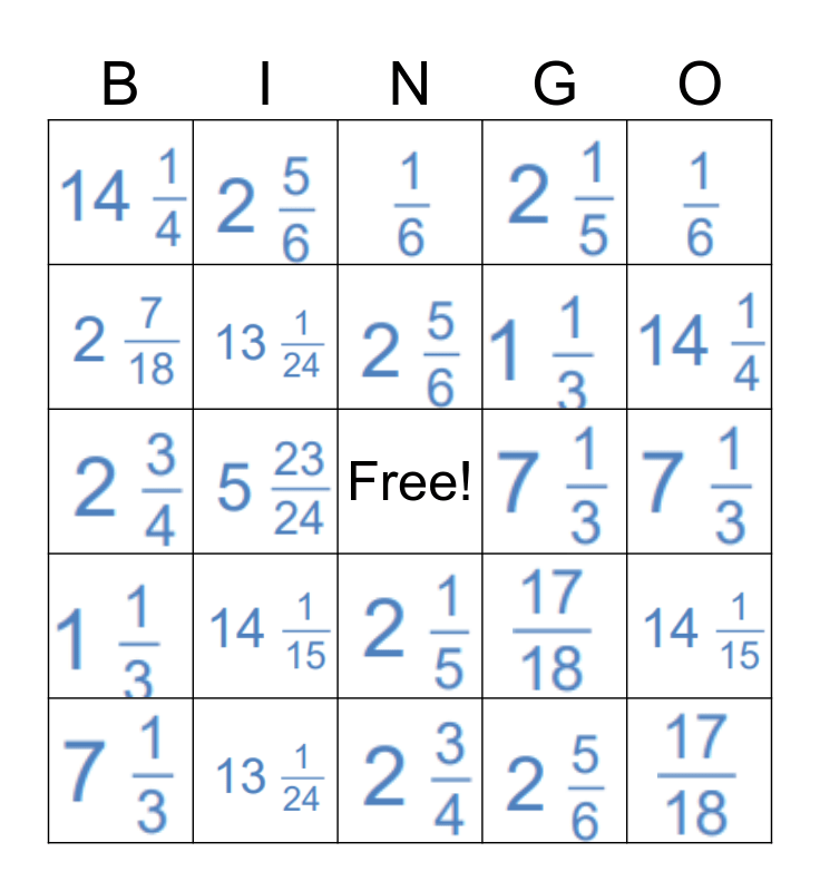Adding and Subtracting Fractions Bingo Card