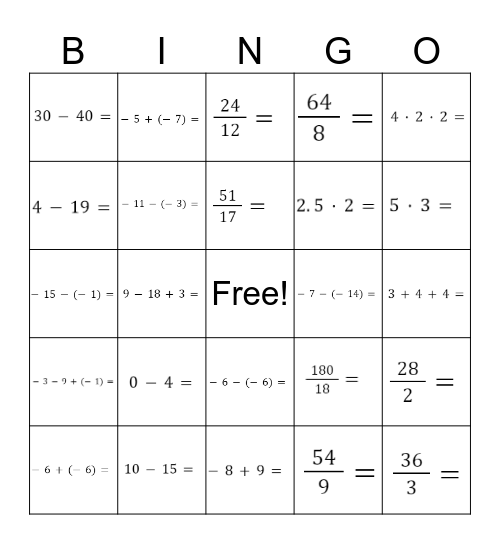 Rational Number Christmas Bingo Card
