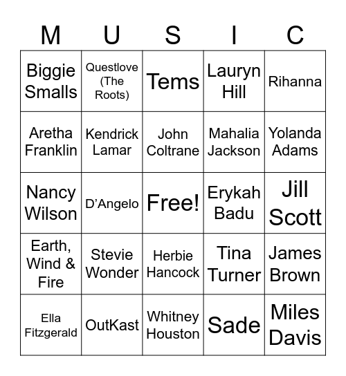 Black Music Appreciation Month BINGO Card