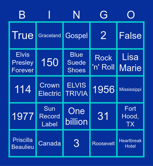 Elvis Presley Trivia Bingo Card