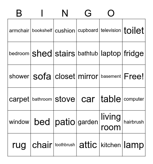 Rooms and Things in the House Bingo Card