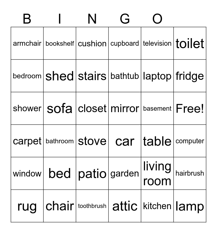 Rooms and Things in the House Bingo Card