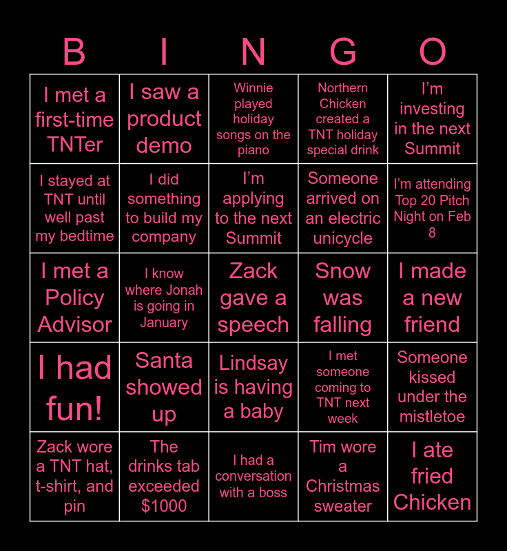Startup TNT Holiday Bingo! Bingo Card