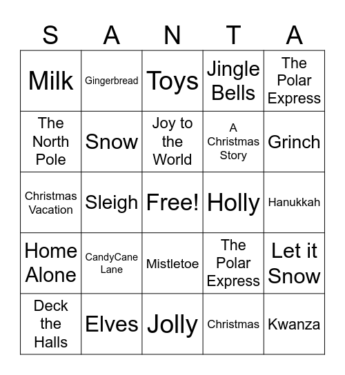 FA Holiday Bingo Card