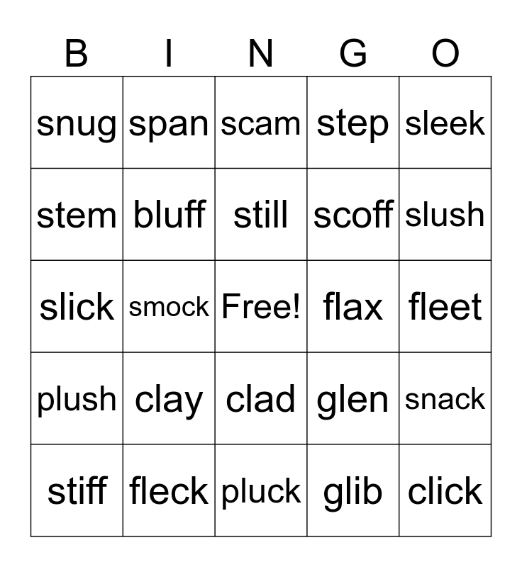 S Blends and L Blends Bingo Card