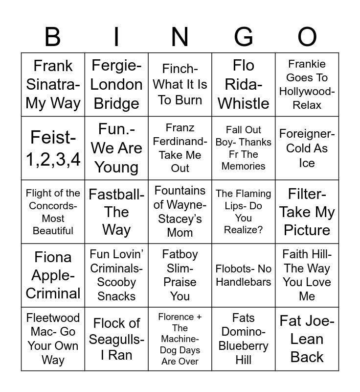 Radio Bingo "F" These Songs Bingo Card