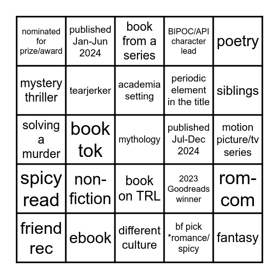 2024 Reading Challenge Bingo Card 2024 Reading Challenge Bingo Card