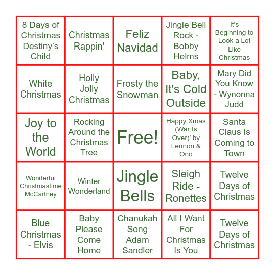 Holiday Music Bingo Card