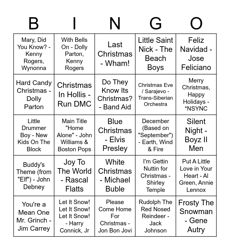 HO HO Holiday Music Bingo Card