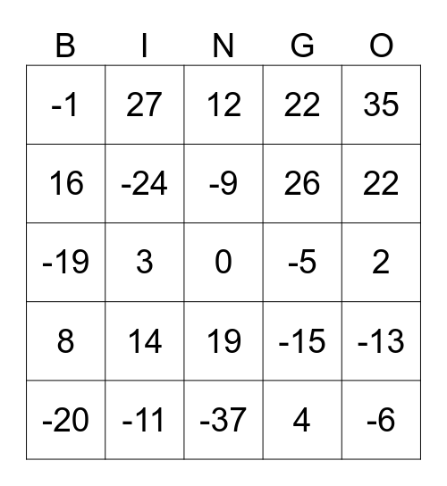 Integer Bingo Card