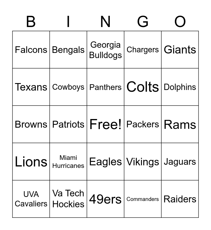 NFL and College Football Teams Bingo Card