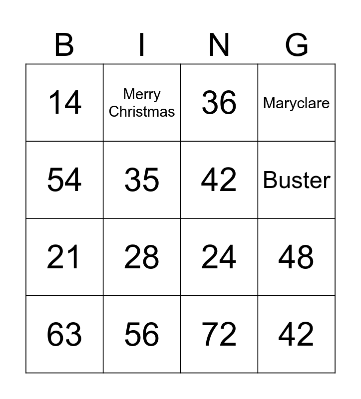 Christmas Multiplication Bingo Card