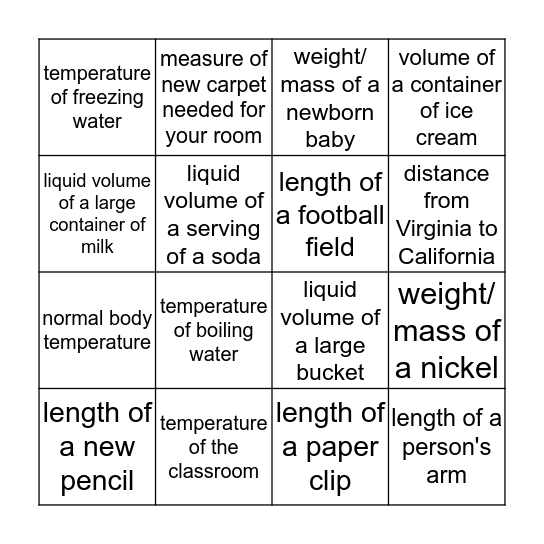 Customary Measurement BINGO Card