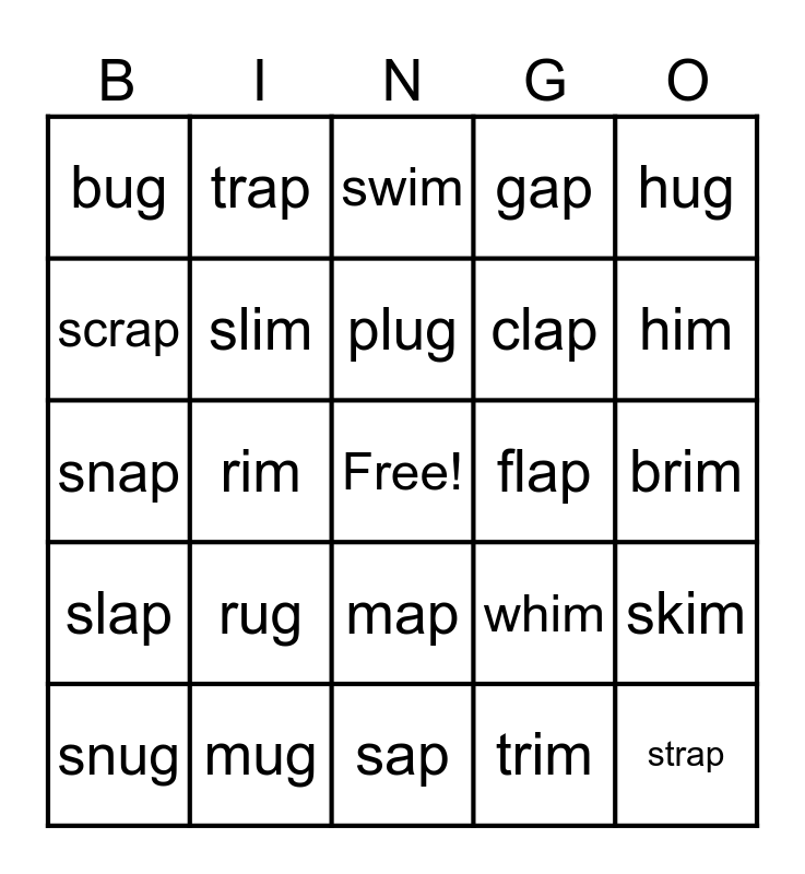 Word Families -ug, -ap, -im Bingo Card
