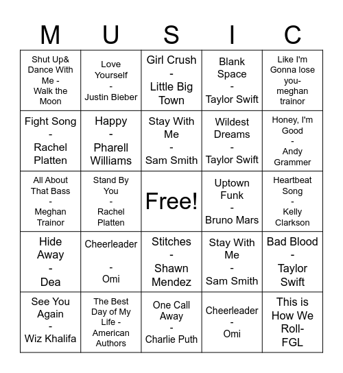 Pop Music Bingo Card