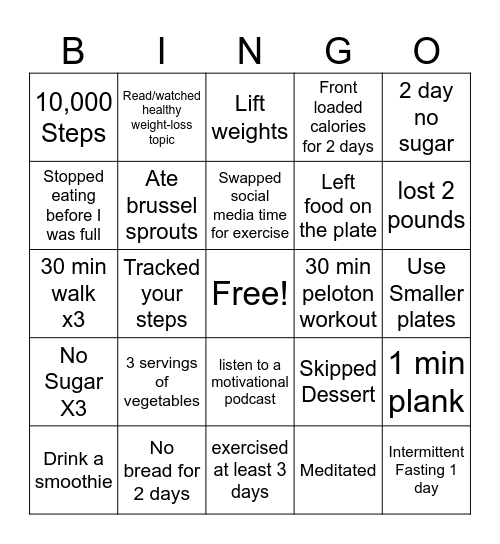 Healthy Lifestyle Bingo Card Healthy Lifestyle Bingo Card