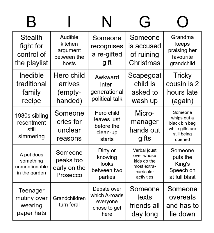 Dysfunctional Christmas BINGO Card