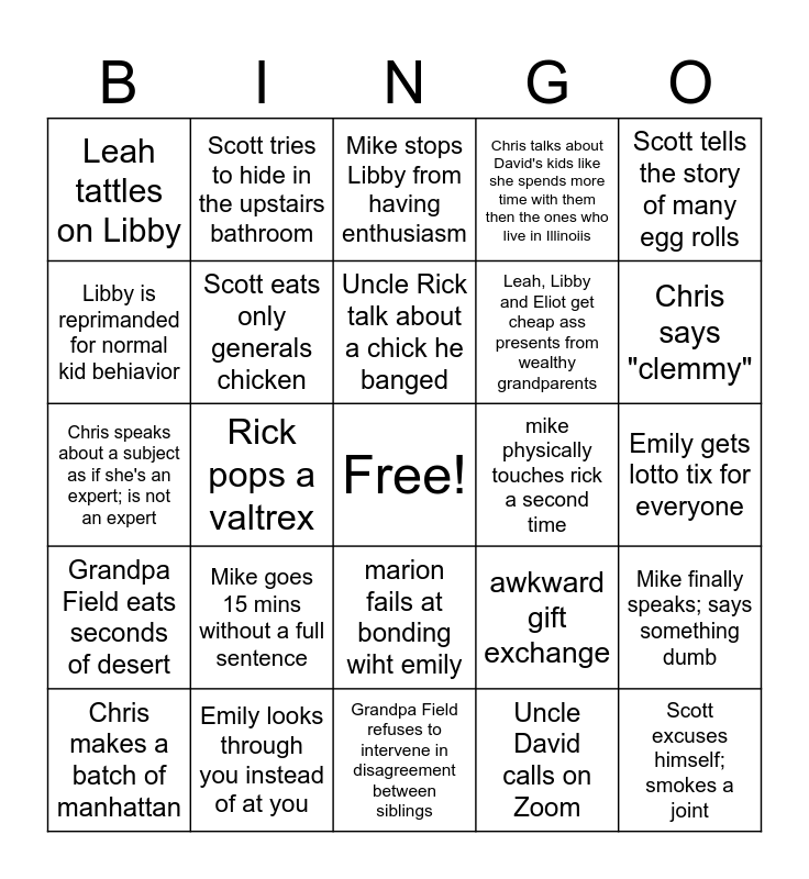 Field Family Bingo Card