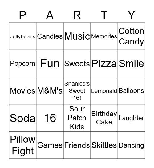 Shanice's Sweet 16 Slumber Party! Bingo Card