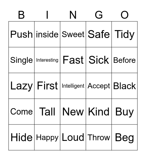 opposite adjectives Bingo Card