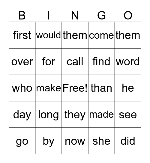 Word Bingo Bingo Card
