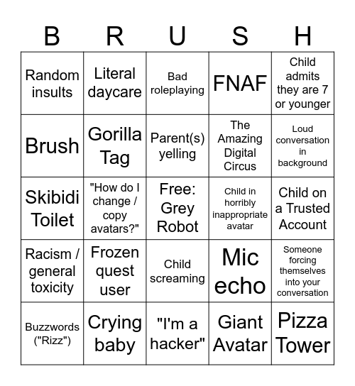 VRC Bingo Card