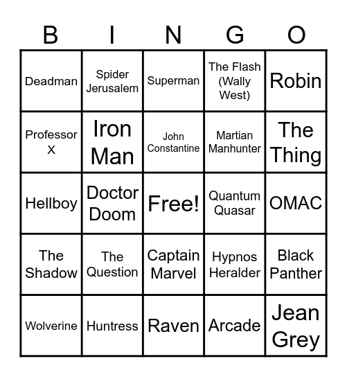 62 - COMIC BOOK CHARACTERS Bingo Card
