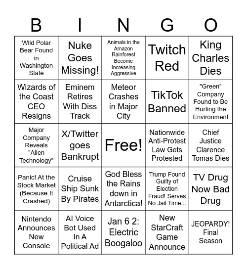 World Events Bingo Card