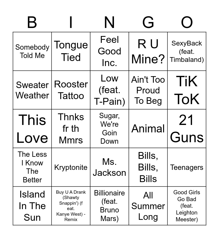 Music Bingo (Side B) Bingo Card