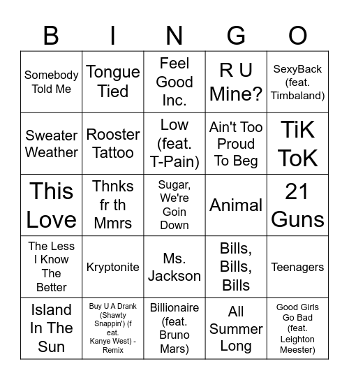 Music Bingo (Side B) Bingo Card