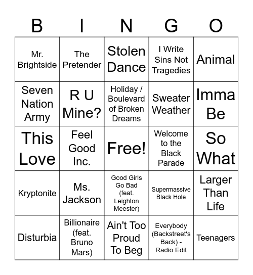 Music Bingo (Side B) Bingo Card