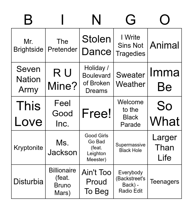 Music Bingo (Side B) Bingo Card