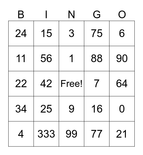 Numbers Bingo Card