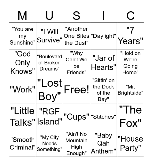 Musical Bingo Card
