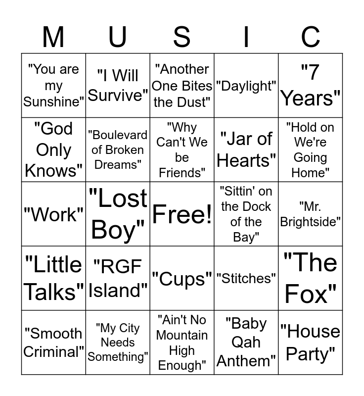 Musical Bingo Card
