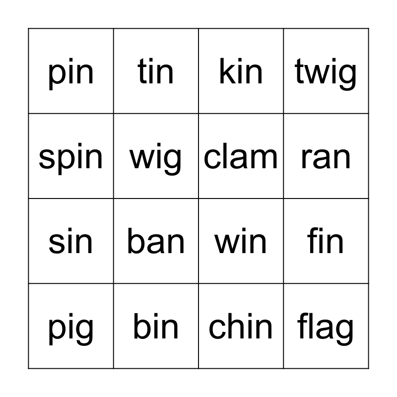 Word Family Bingo Card