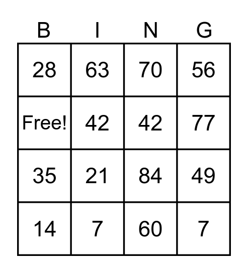7s Multiplication Bingo Card