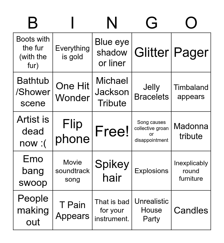 00's Music Video Bingo Card