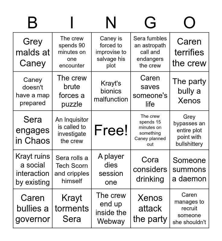 Rogue Trader Clusterfuck Bingo Card