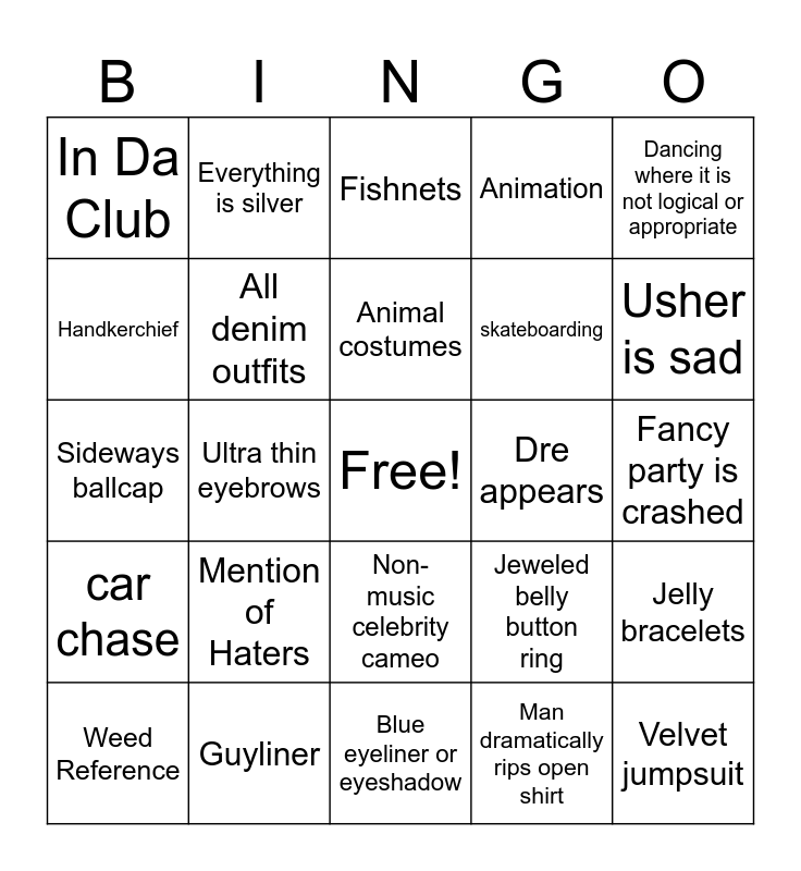 00's Music Video Bingo Card