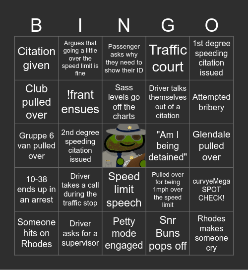 Traffic Stop Bingo Card