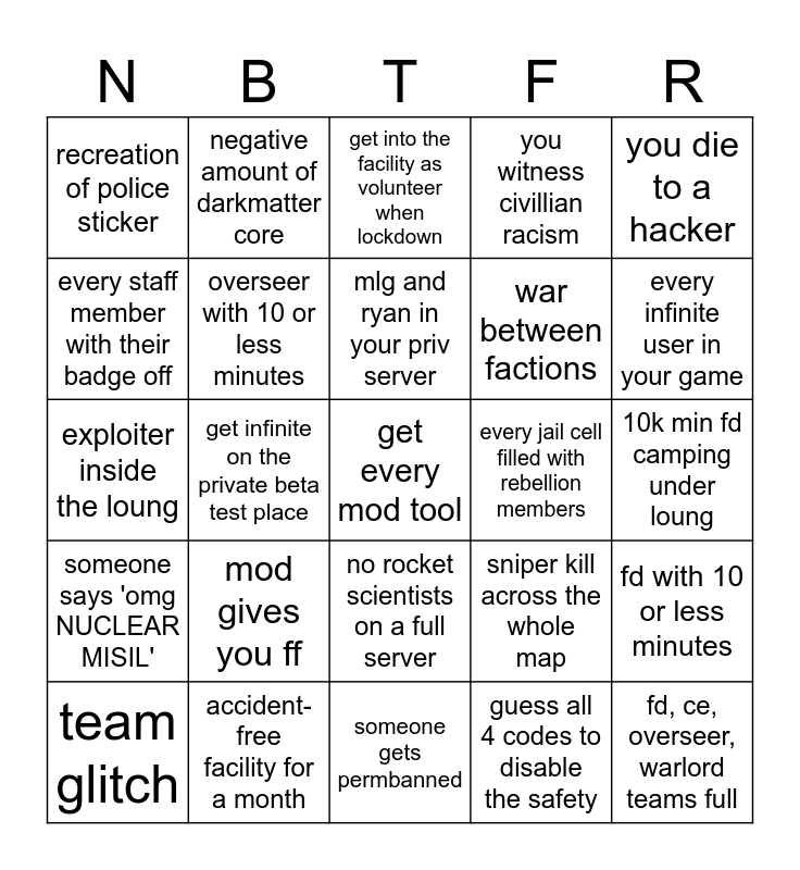 NBTF bingo Card