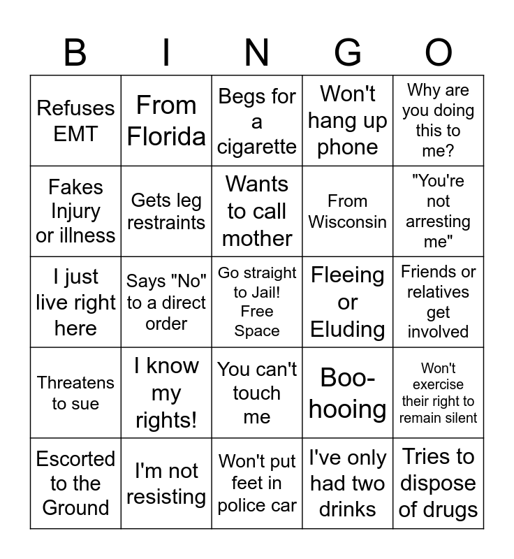 Youtube Arrestee BingoFl Bingo Card