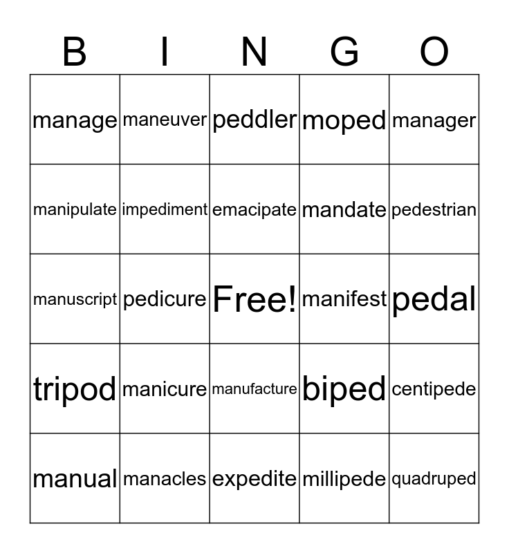 Hands and Feet Bingo Card