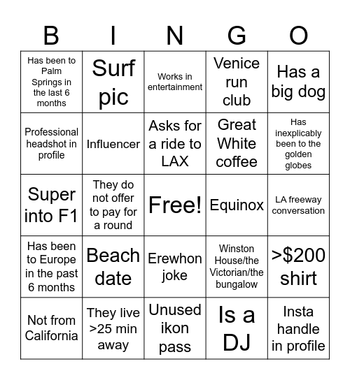 LA Dating Bingo Card