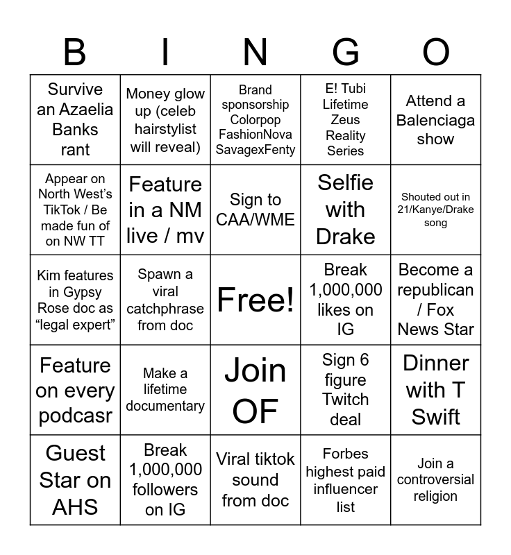 Gypsy Rose’s First Year Out! Bingo Card