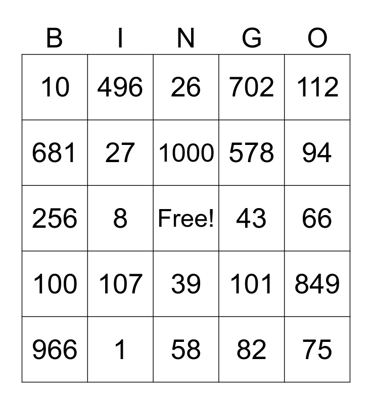 Number Bingo up to 1000 Bingo Card