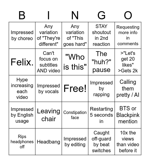 SKZ Reaction Bingo Card