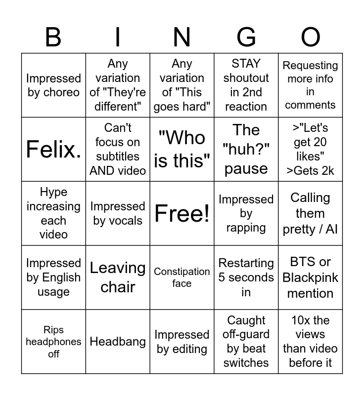 SKZ Reaction Bingo Card