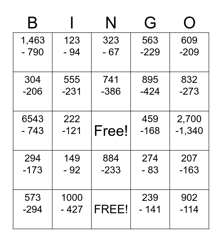 Triple Digit Subtraction Bingo Card